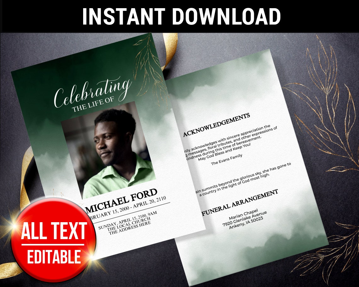 Funeral Program Template for Man, Memorial Program, Program Celebration ...