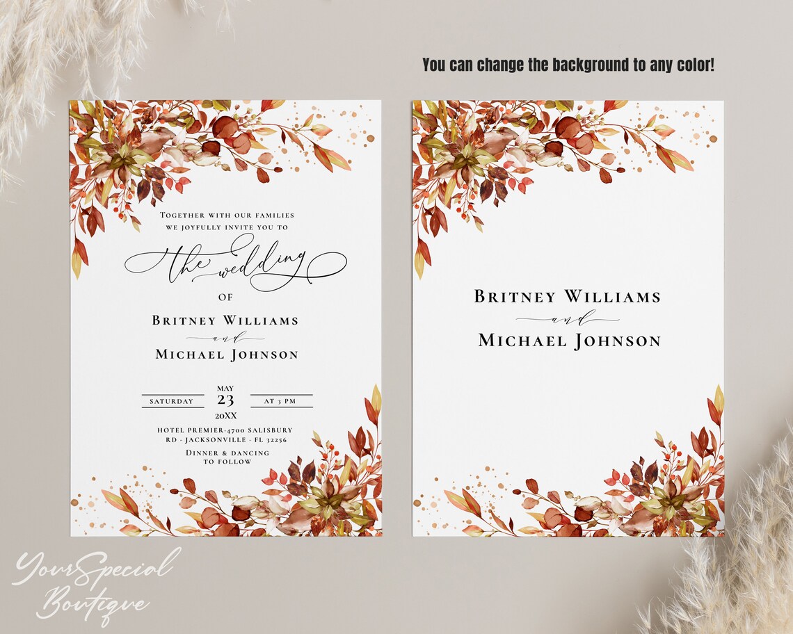 Fall Wedding Invitation Template Rustic Autumn Leaves and - Etsy