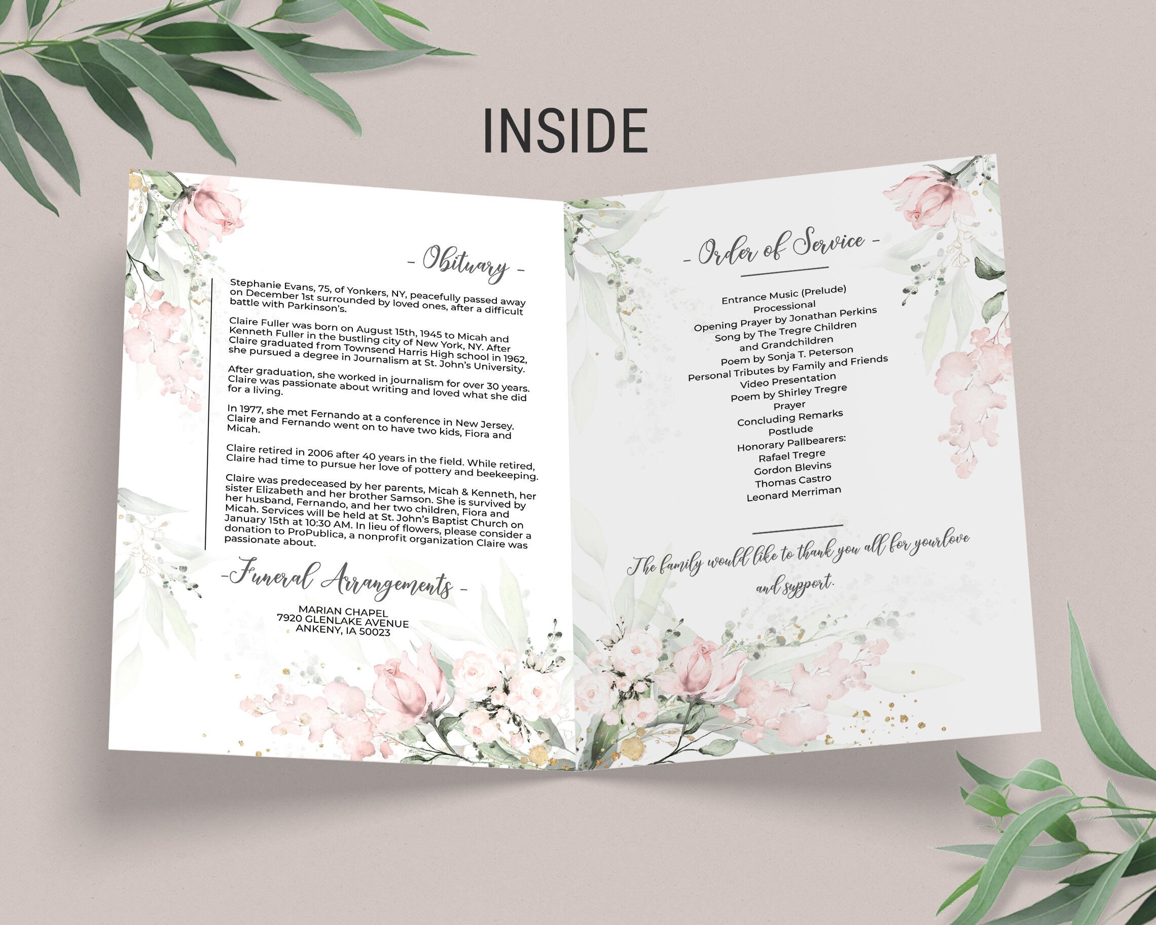 Editable Funeral Program Template, Floral Funeral Memorial, Printable ...