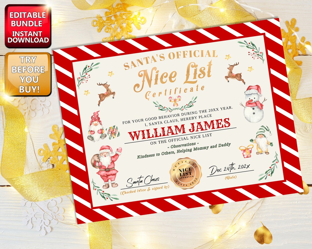 EDITABLE Nice List Certificate Printable Santa's Girl Boy Elf Nice List ...