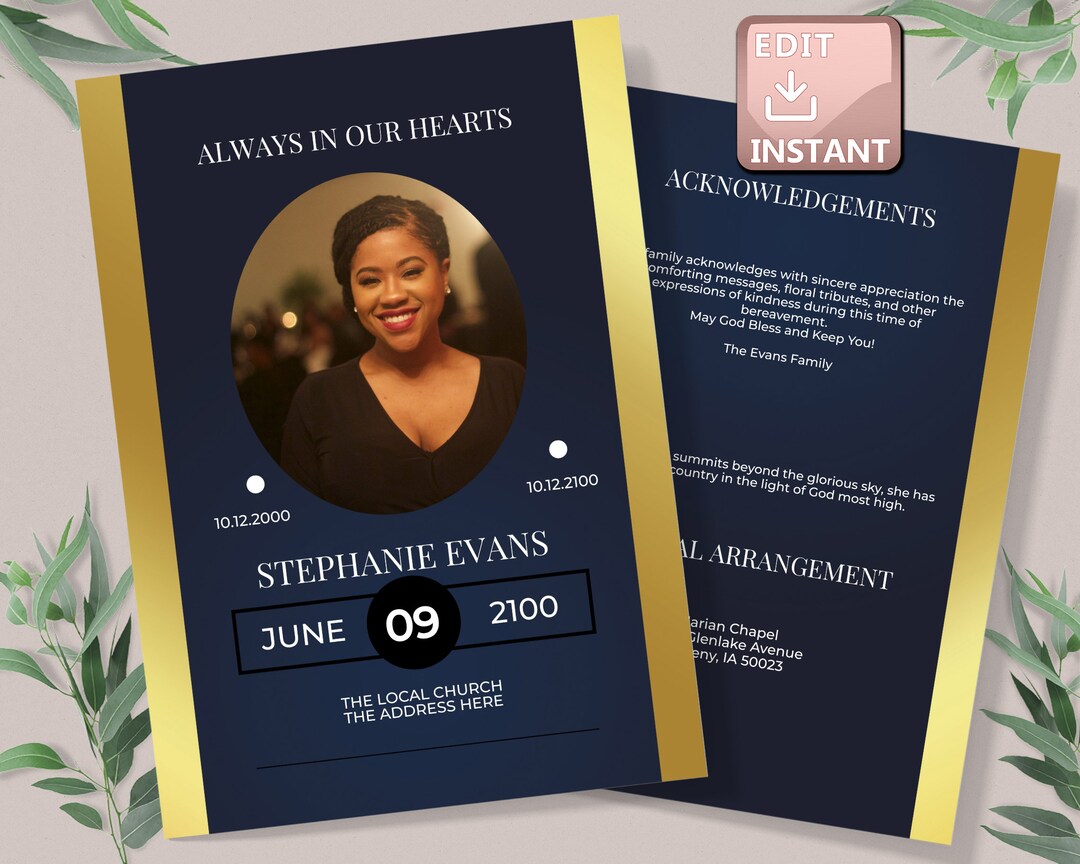 Funeral Program Template Gold,funeral Program Template for Man,navy ...