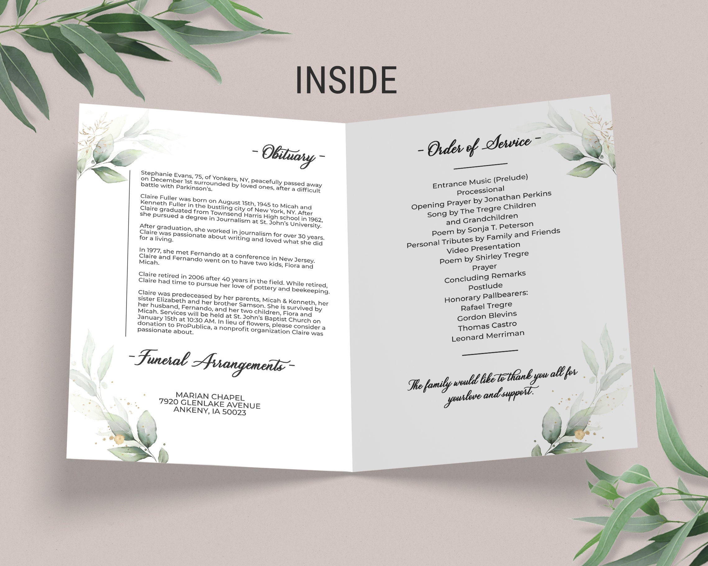 Editable Funeral Program Template, Funeral Memorial Men Greenery Order ...