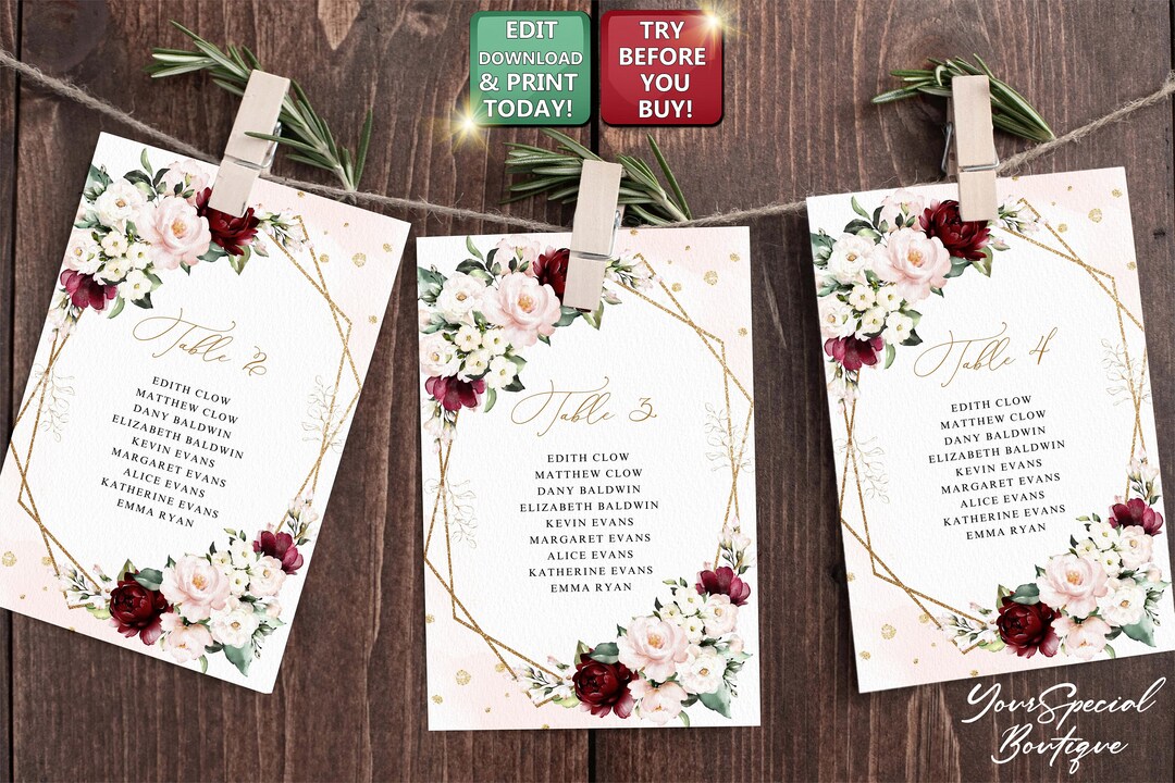 Burgundy Wedding Seating Table Cards, Marsala Find Your Table , Seat ...