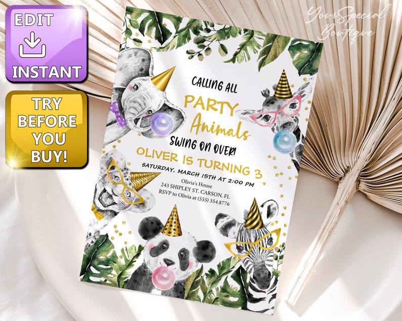 Editable Party Animals Birthday Invitation Wild One Animals - Etsy