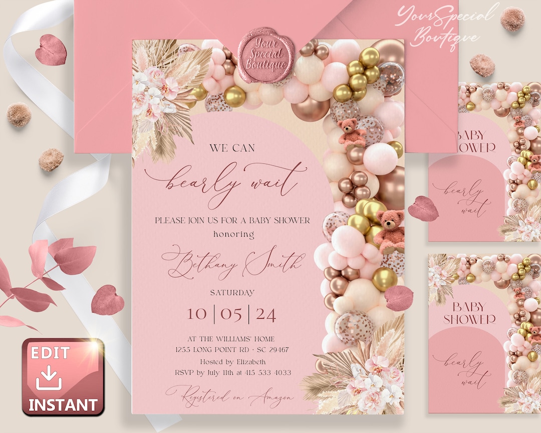 Baby Shower Invitation Bear Balloons Pink Cream Gold Rose E-vite Baby ...