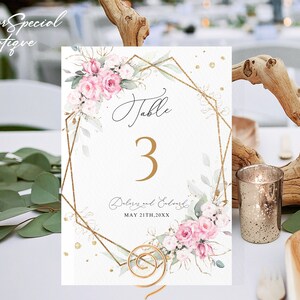 Pink Rose Wedding Table Numbers, Watercolor Greenery Leaves, 2 Sizes ...