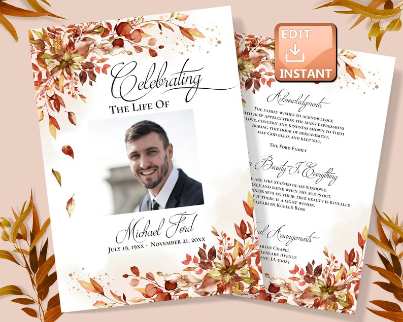 Funeral Program Template Fall, Funeral Memorial Program, Funeral ...