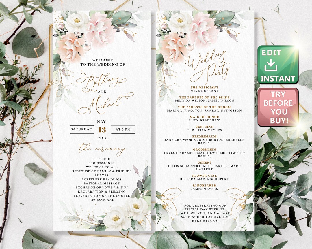 Wedding Program Simple, Wedding Program Peony, Wedding Program Template ...