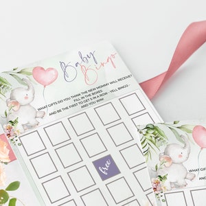 Elephant Baby Shower Bingo Cards, Printable Bingo Card, Girl Boy Baby ...