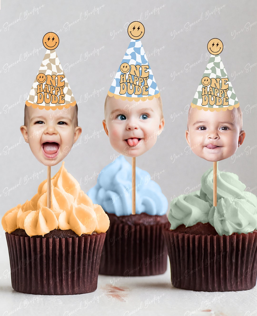One Cool Dude Birthday, Happy Dude Face Cupcake Toppers, First Birthday ...