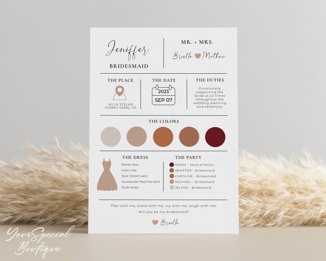 Bridesmaid Info Card Template, Bridal Party Info Card Bridesmaid ...