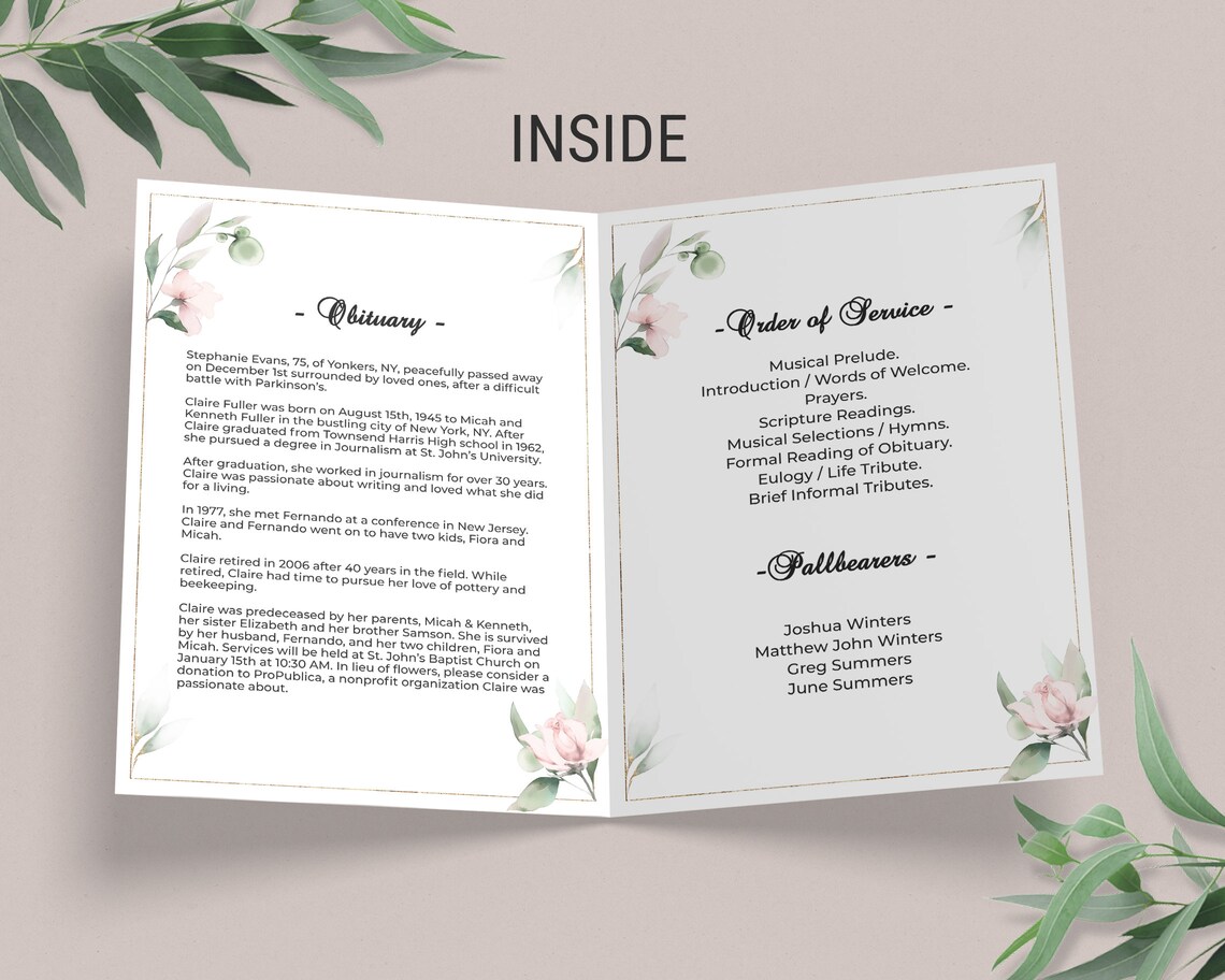 Funeral Program for Women Funeral Program Template Funeral - Etsy