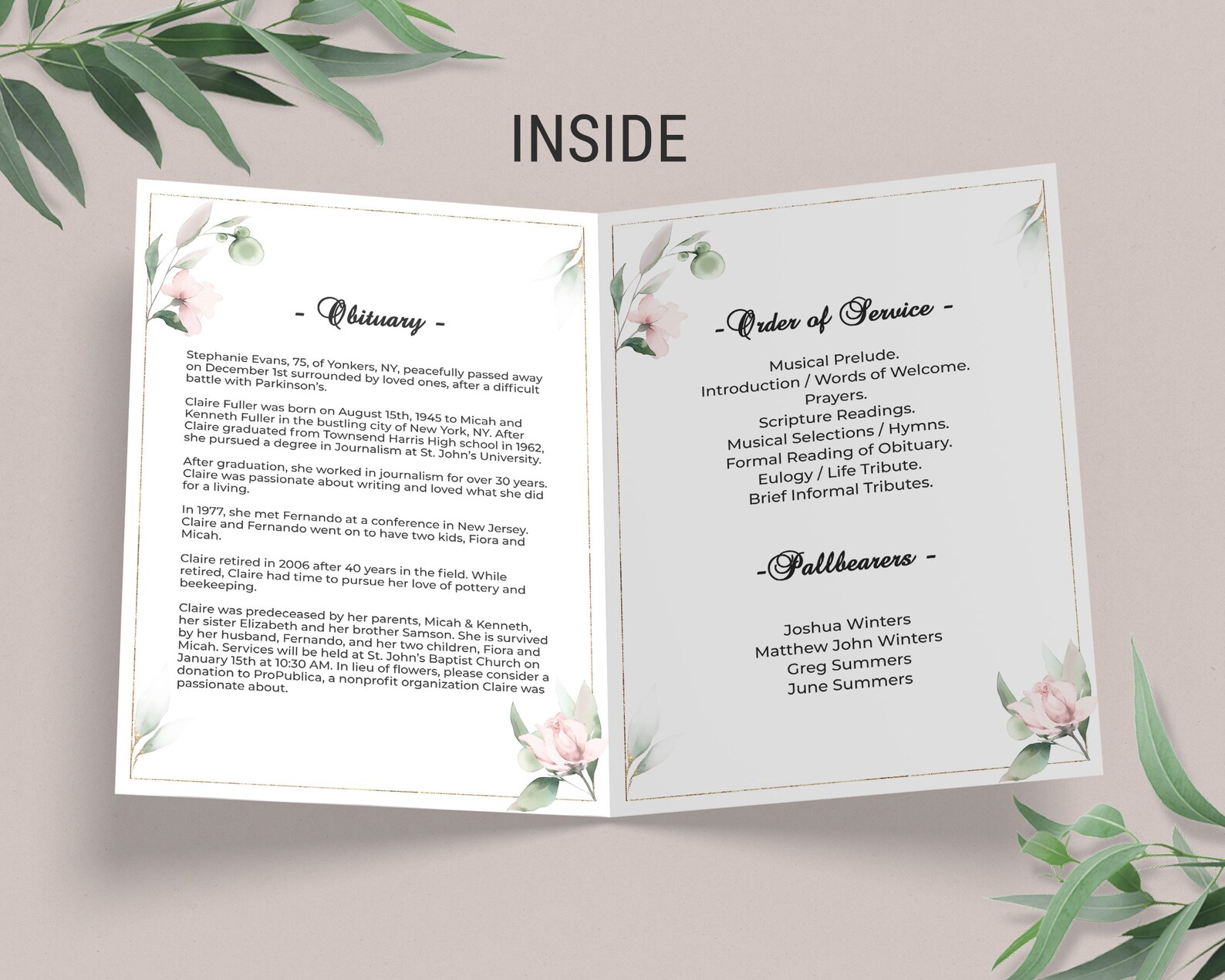 Funeral Program for Women, Funeral Program Template, Funeral Service ...