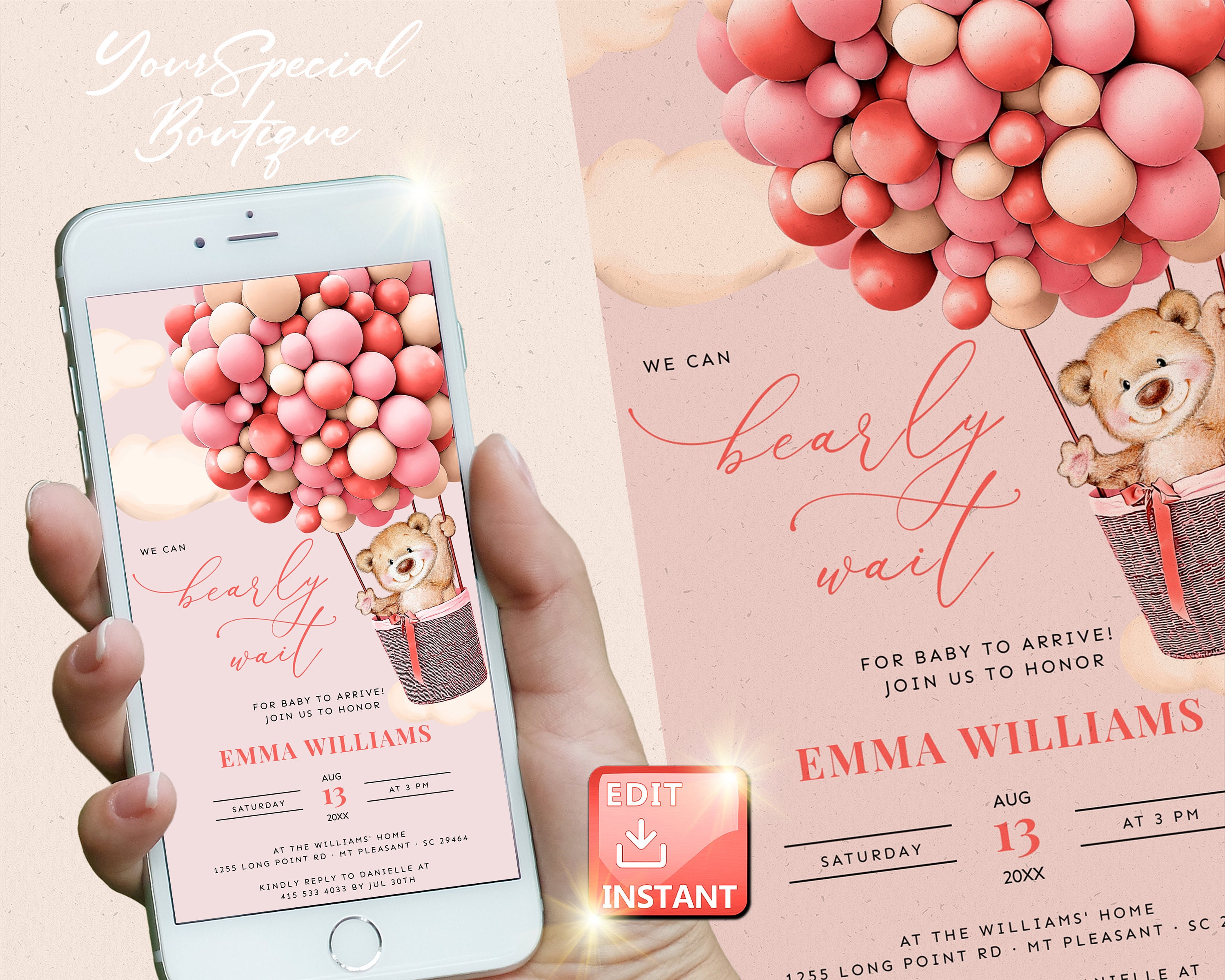 Baby Shower Evite Girl Bear Baby Shower Invitation Pink - Etsy