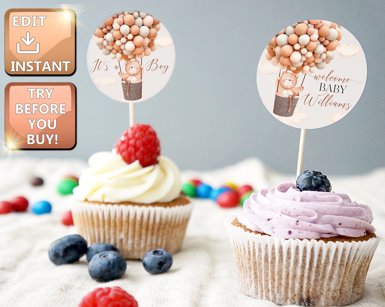 Cupcake Toppers Baby Shower Bear Balloon Digital File - Etsy