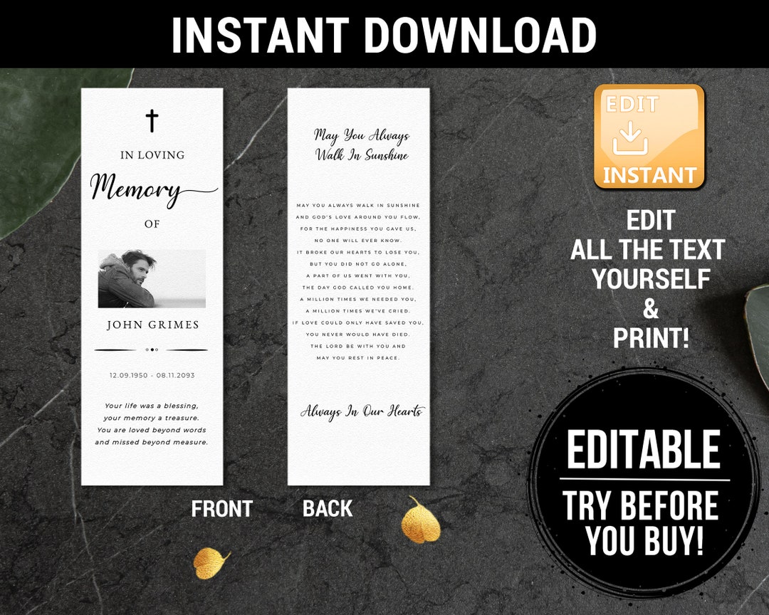 Editable Funeral Bookmark Template, Printable Funeral Bookmark ...