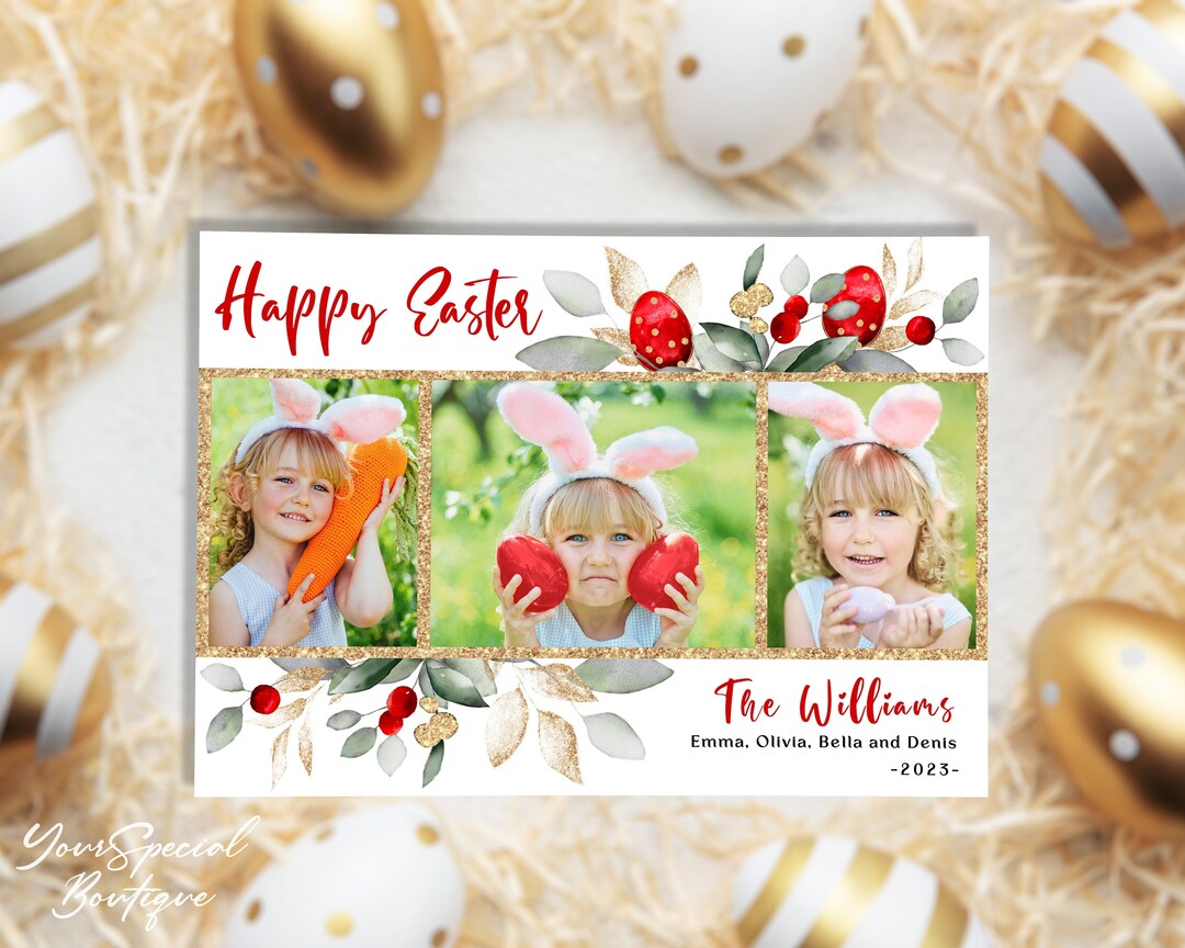 Easter Photo Collage, Easter Card Gold Template, Easter Photo Card ...