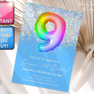 9th Birthday Invitation Editable Boy Girl Glitter Birthday Invitation ...