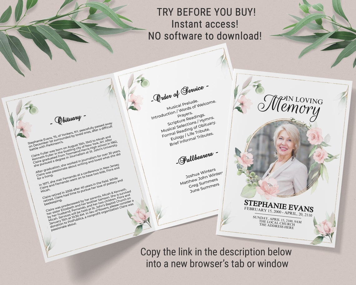 Funeral Program for Women Funeral Program Template Funeral - Etsy