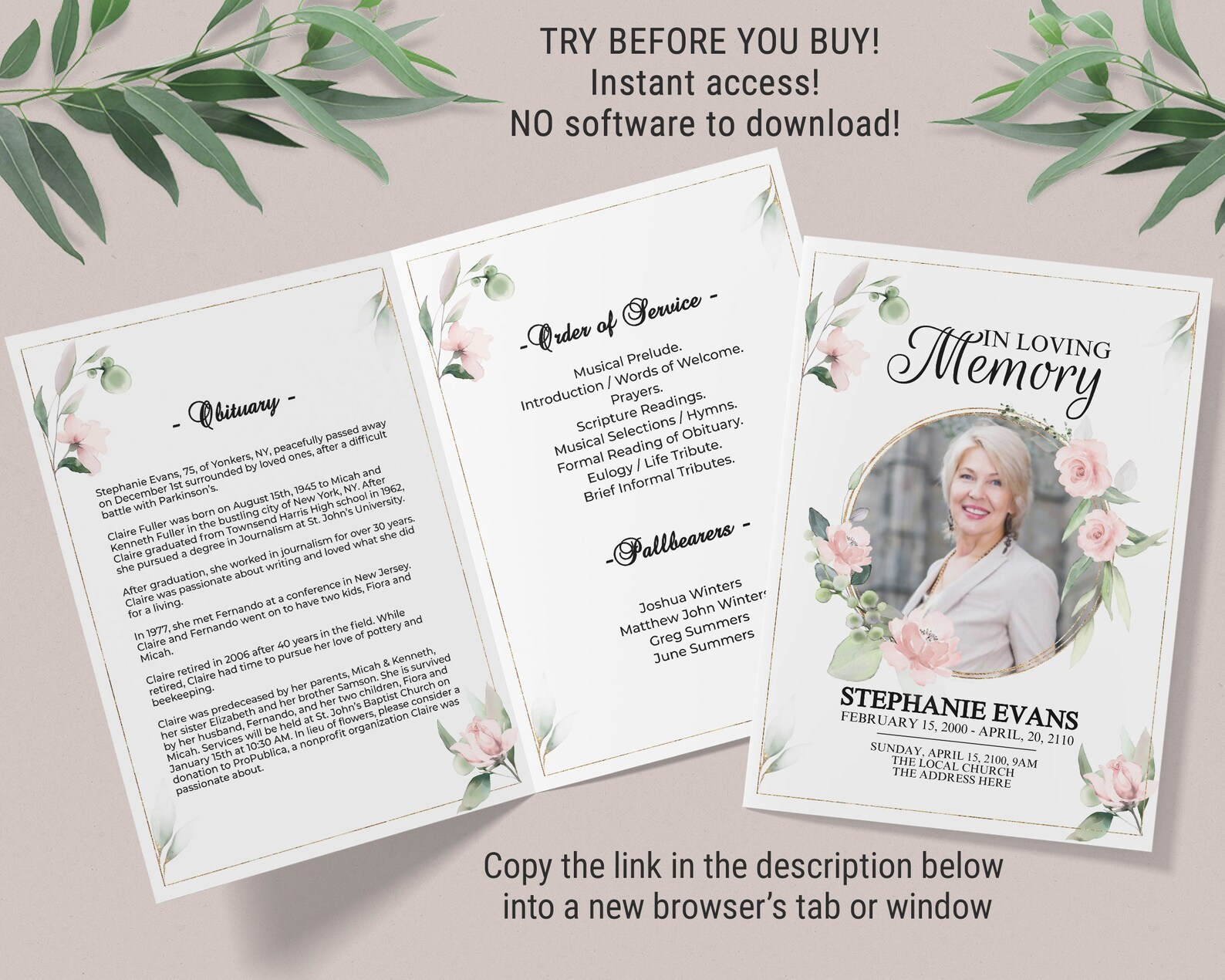 Funeral Program for Women, Funeral Program Template, Funeral Service ...