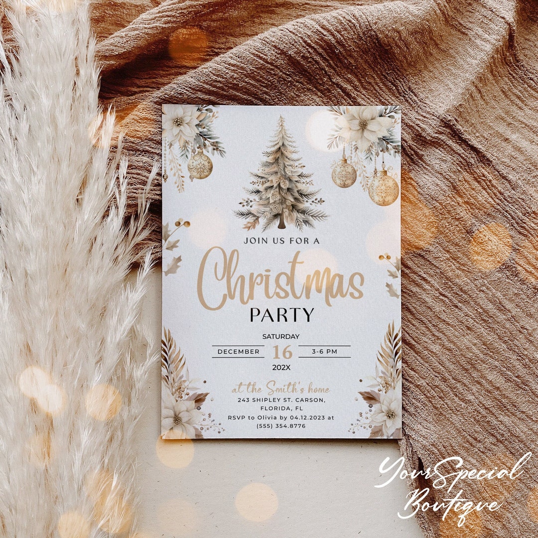 Editable Neutral Boho Christmas Party Invitation Holiday Company ...