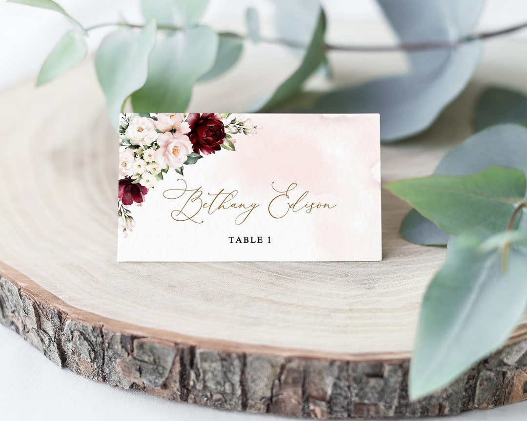 Wedding Table Name Tags Place Card W010 Burgundy Blush - Etsy