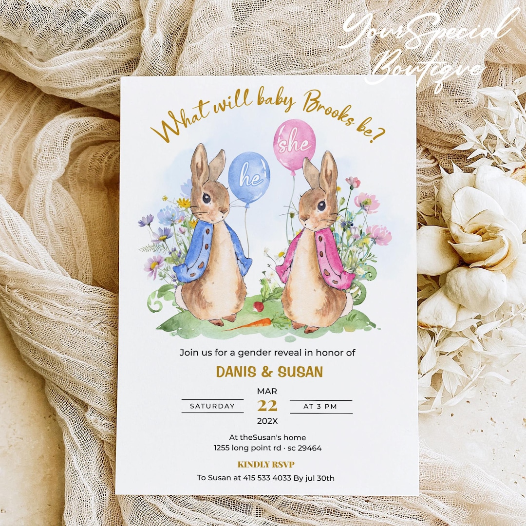 Peter Rabbit Gender Reveal Invitation, Blue & Pink Bunny He or She ...