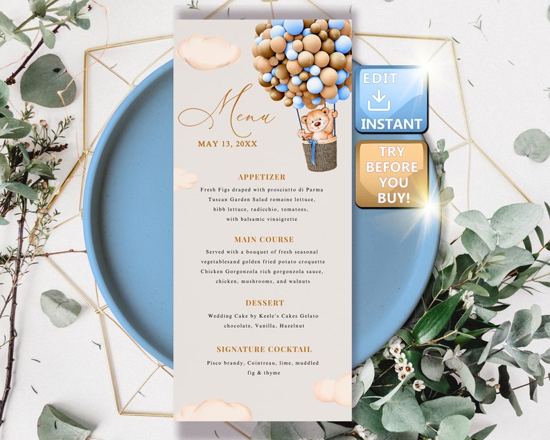 Menu Bear Balloons Baby Shower Brunch Dinner Printable - Etsy