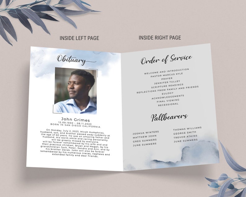Funeral Program Template Funeral Program With Clouds 4 Page | Etsy