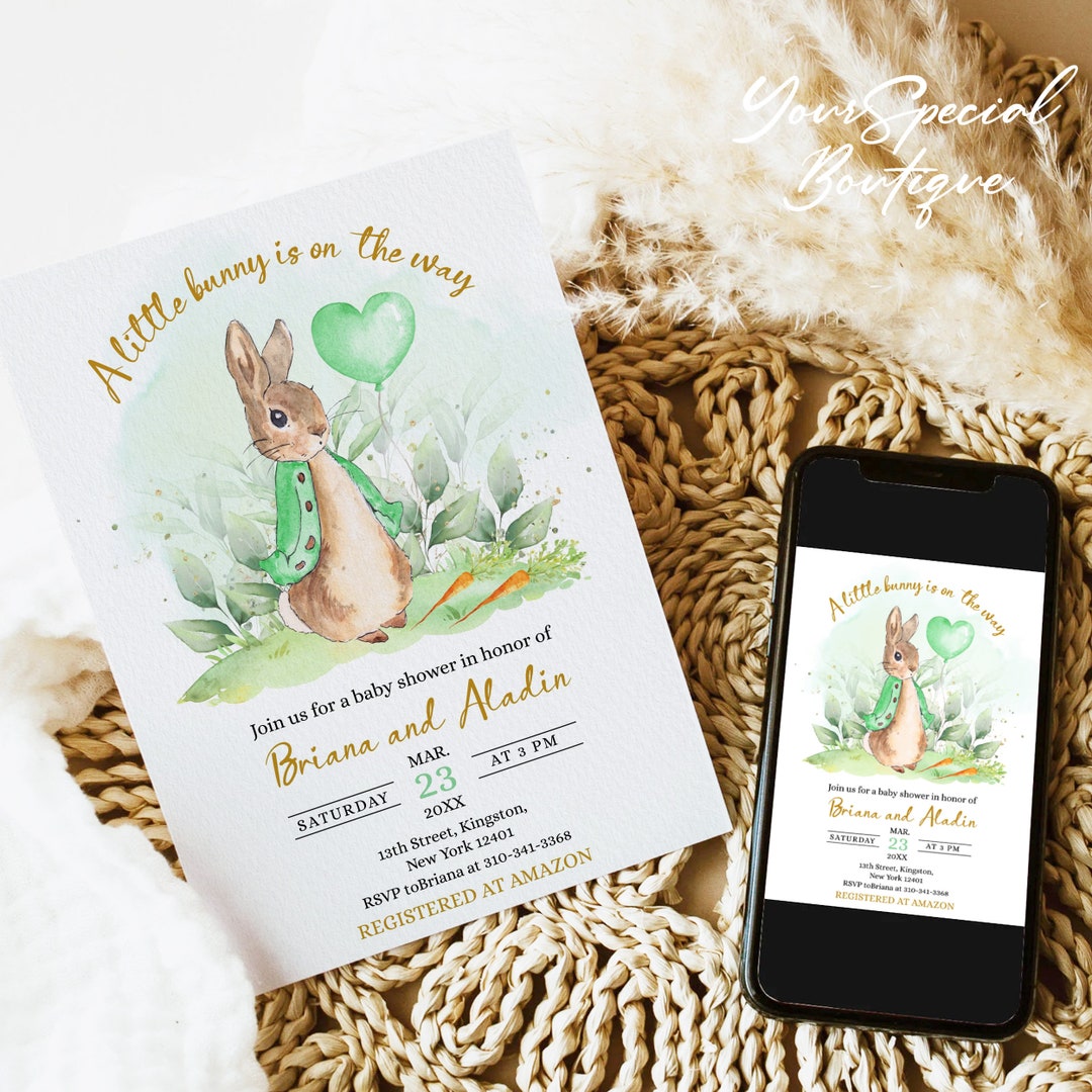 Editable Bunny Baby Shower Invitation, Greenery Rabbit Baby Shower ...
