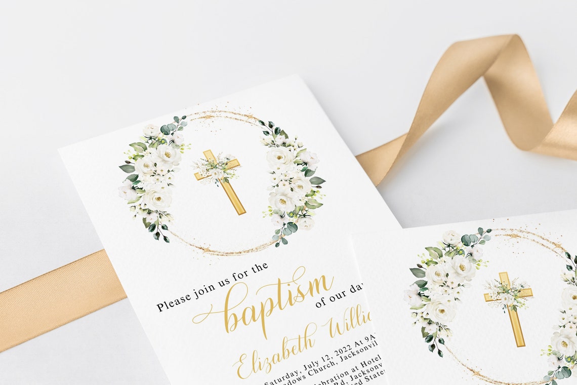 Baptism Invitation Template Gold Baptism Invitation Greenery | Etsy