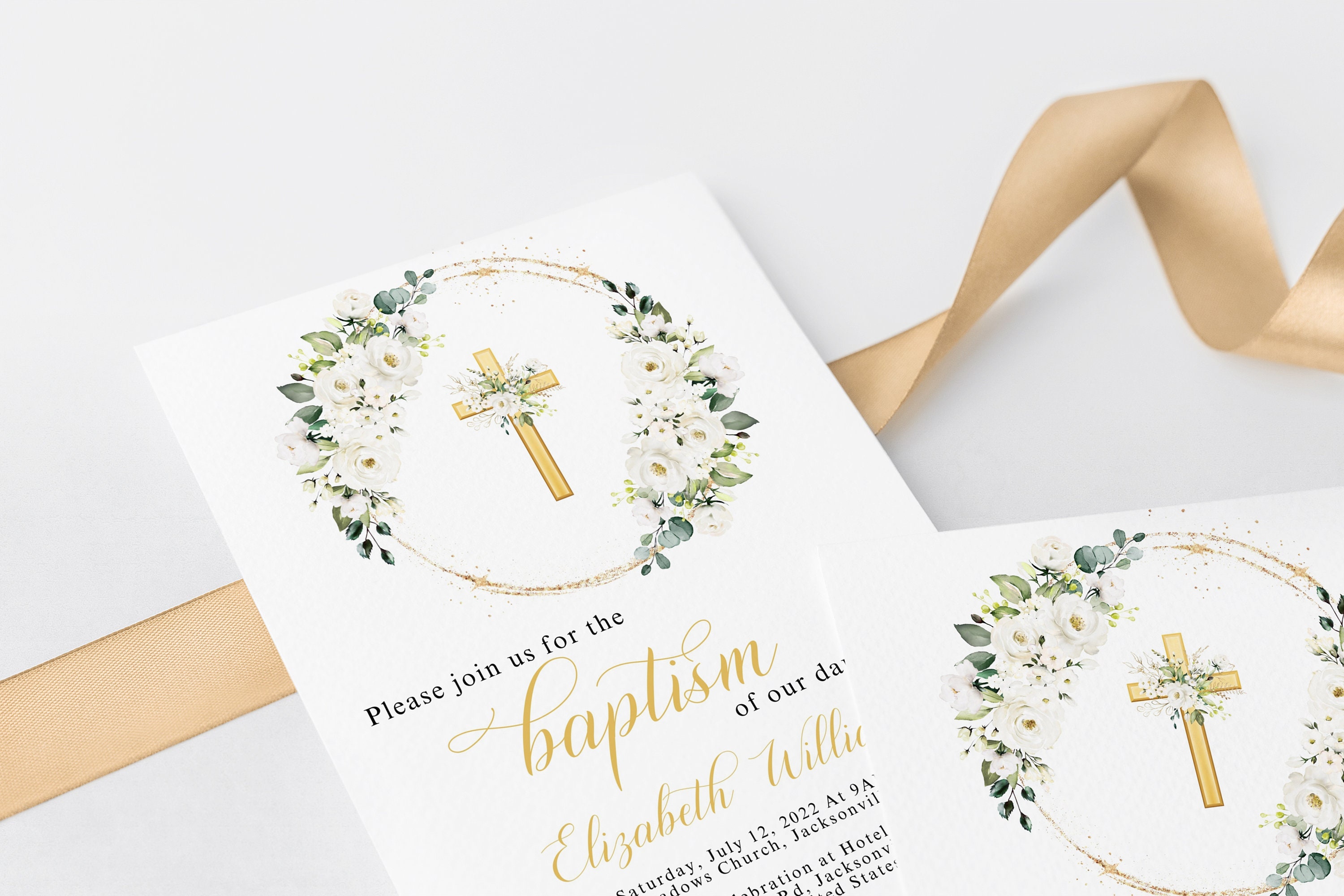 Baptism Invitation Template Gold Baptism Invitation Greenery - Etsy