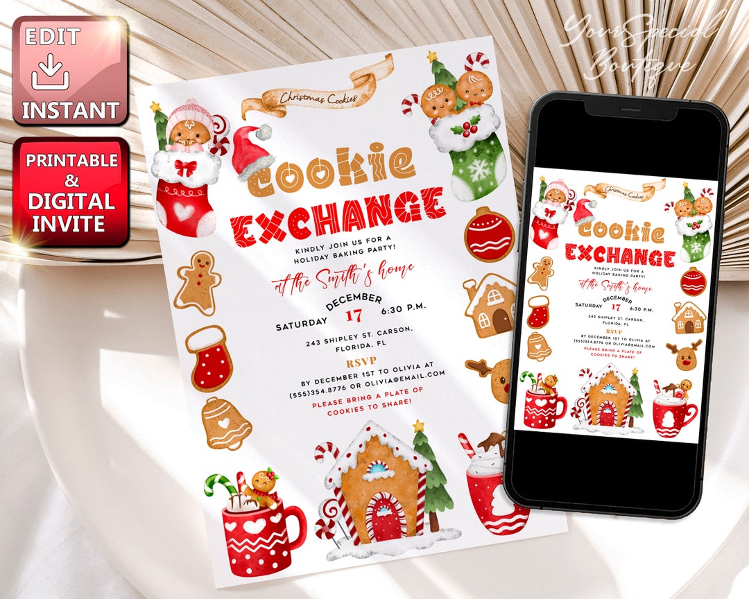 Christmas Cookie Exchange Invitation Template, Cookie Party Invitation ...