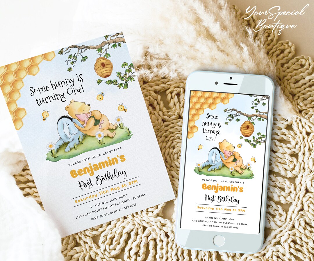 Editable Blue Winnie the Pooh 1st Birthday Invitation, Classic Winnie ...