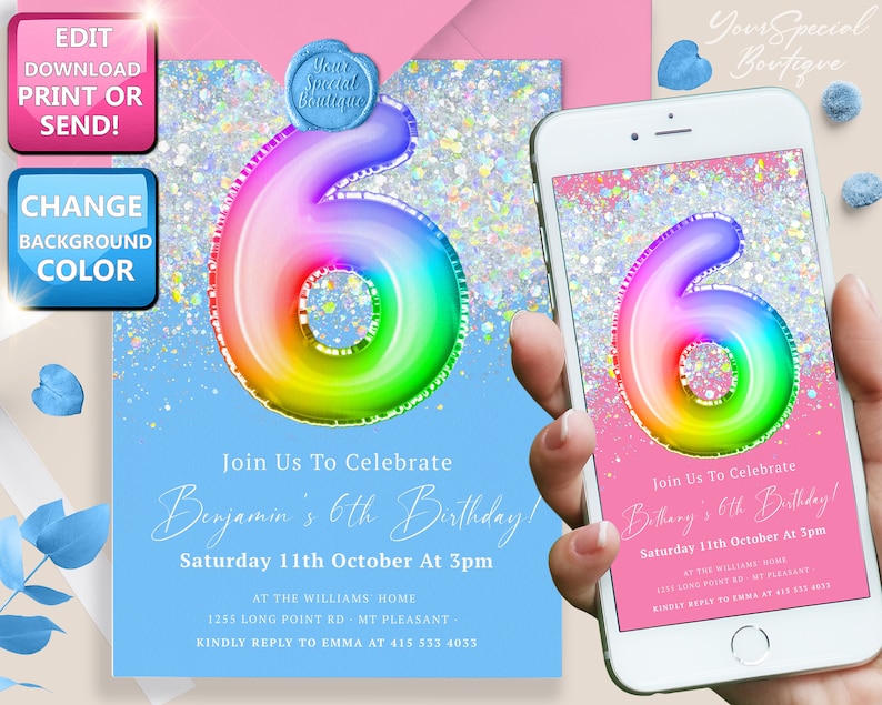6th Birthday Invitation Editable Blue Glitter Birthday - Etsy