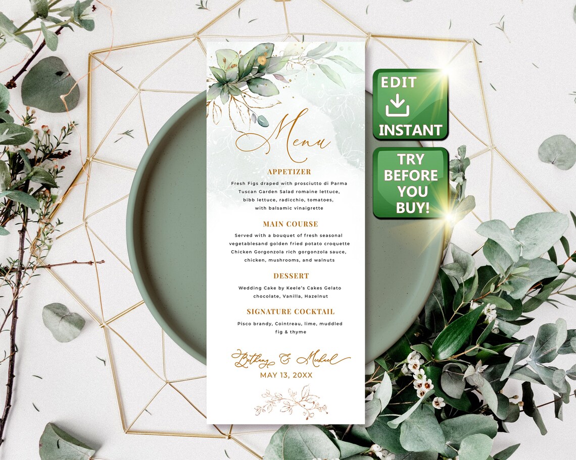 Green Wedding Menu Modern Menu Cards Minimalist Menu - Etsy