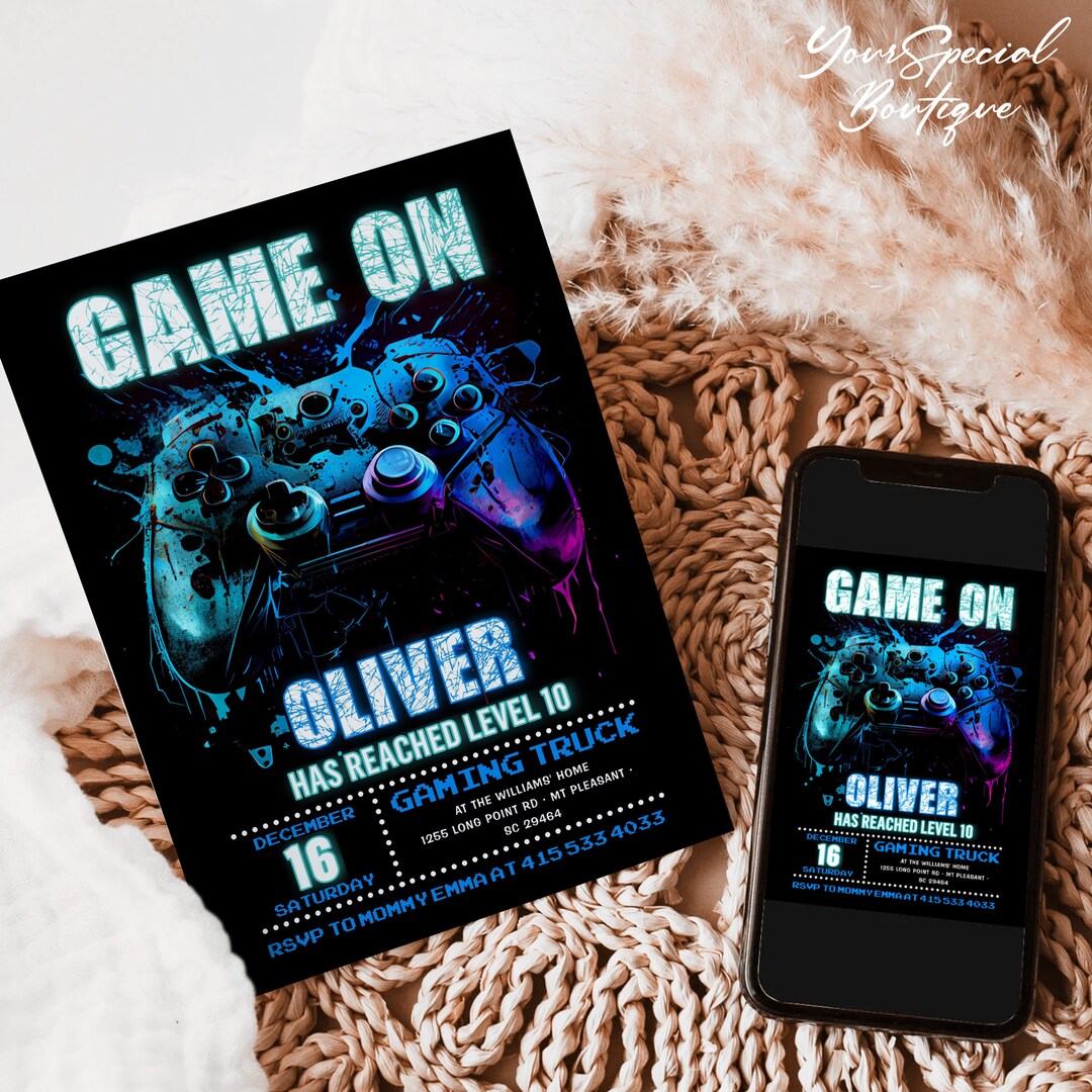 Video Game Birthday Invitation Template, Video Game Invitation, Neon ...
