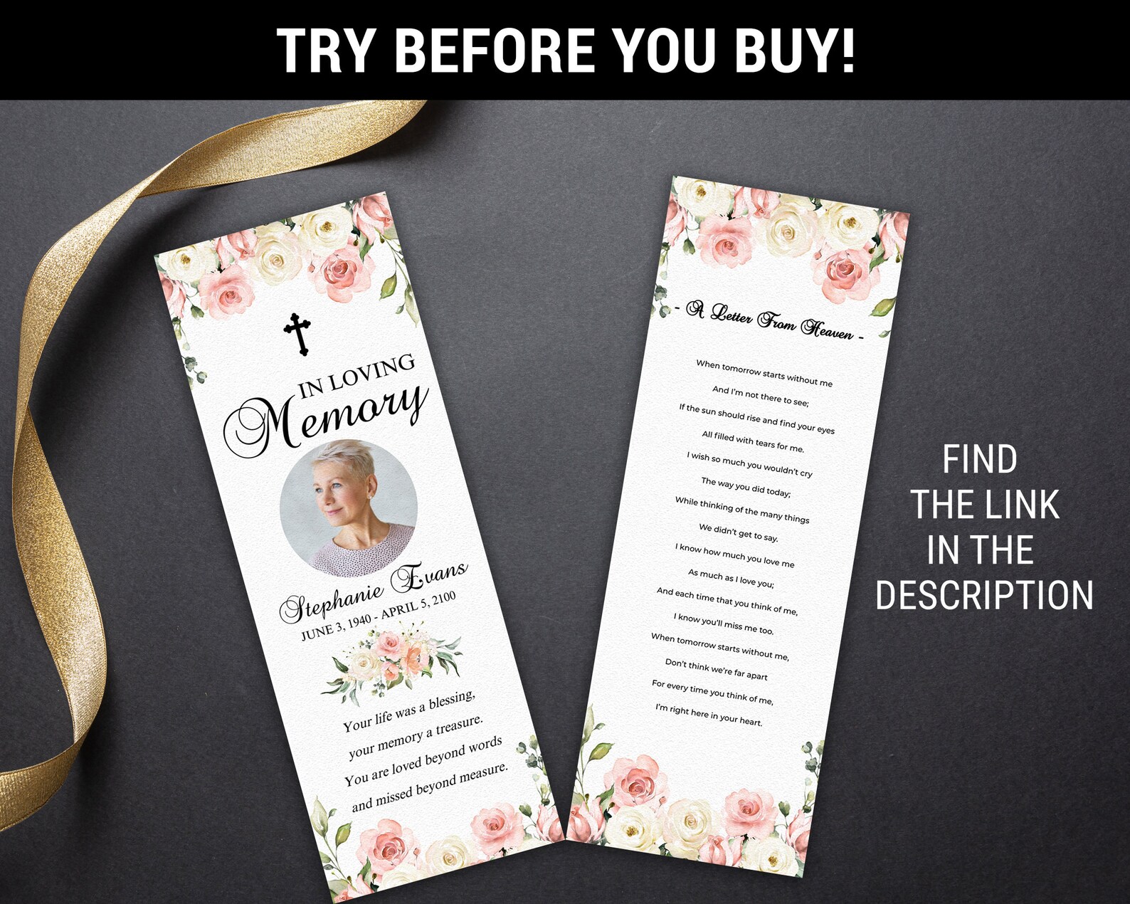 Funeral Bookmark Template, Printable Celebration of Life Bookmarks ...