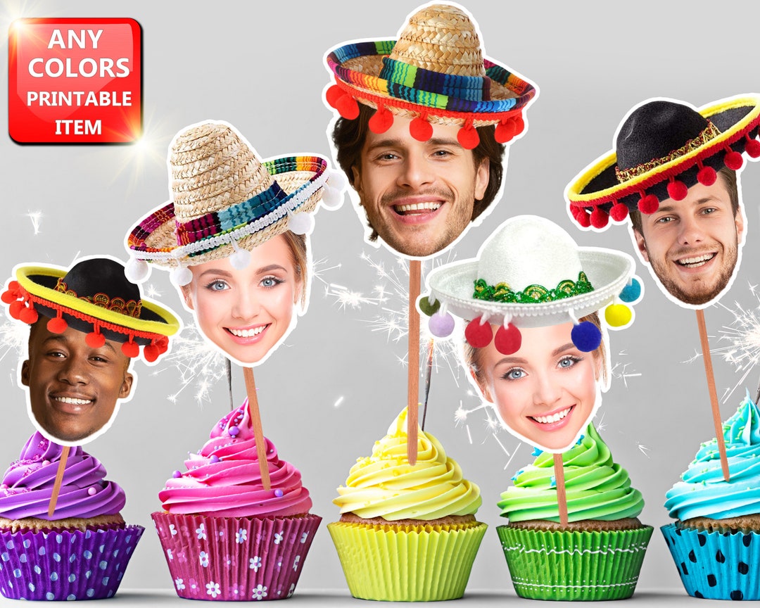 Photo Cupcake Toppers, Mexican Hat Party Toppers, Birthday Cupcake ...