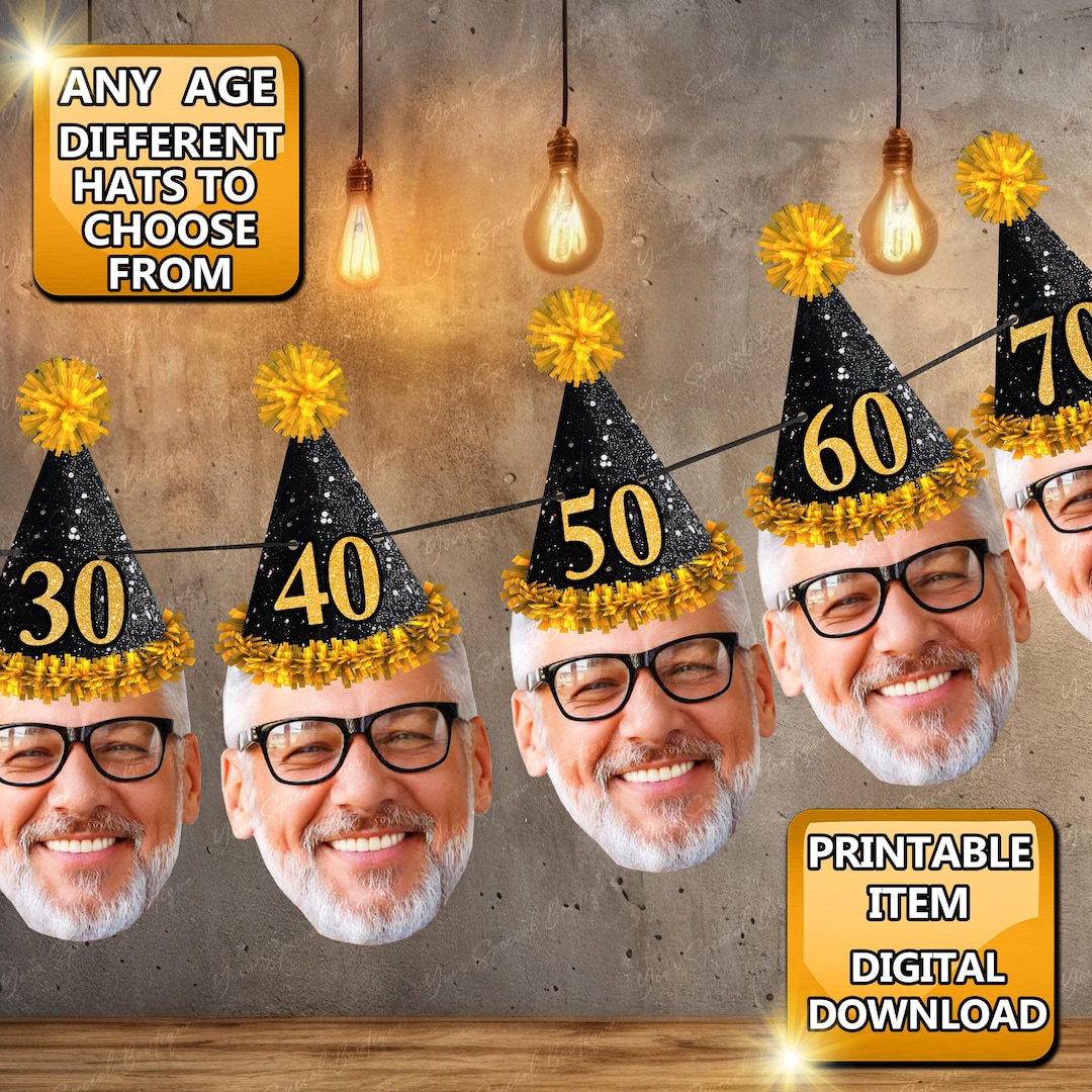 Custom Photo Banner Digital Face Banner Party Hat Black and Gold ...