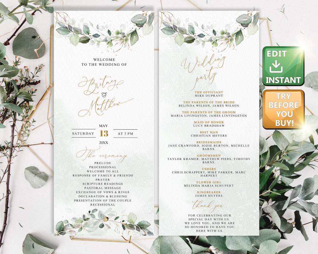Wedding Program Gold, Wedding Program Template, Wedding Program ...