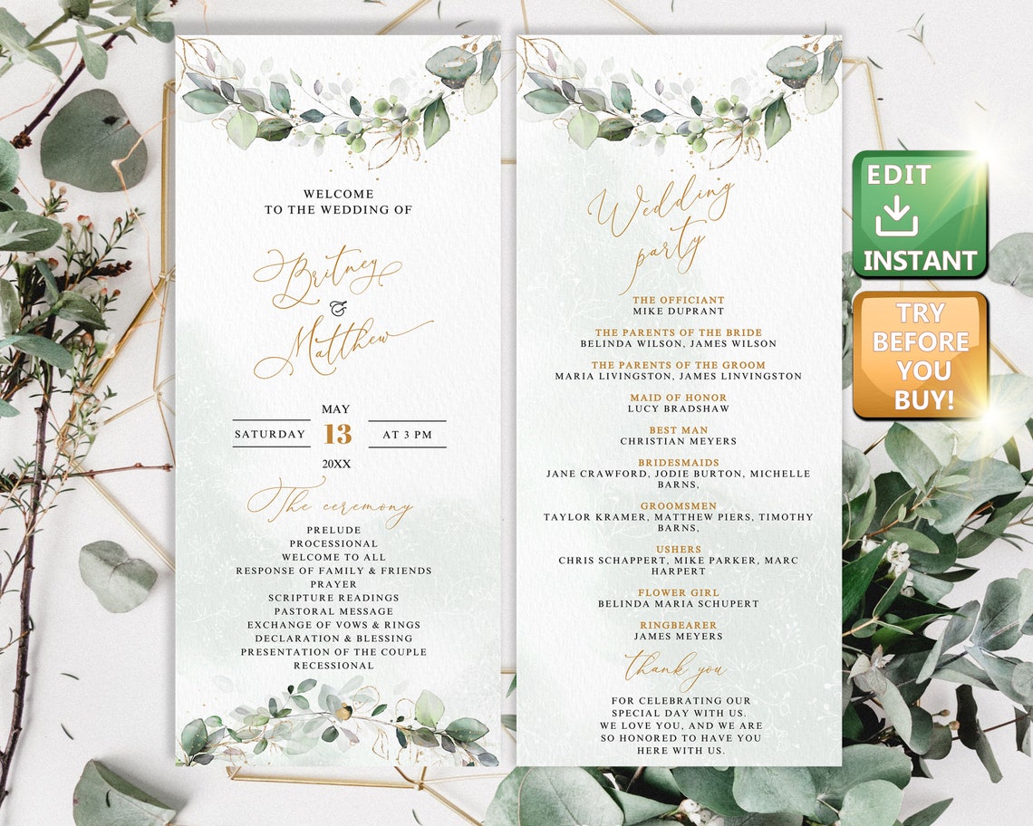 Wedding Program Gold Wedding Program Template Wedding - Etsy