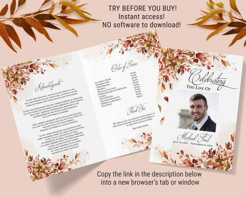 Funeral Program Template Fall, Funeral Memorial Program, Funeral ...