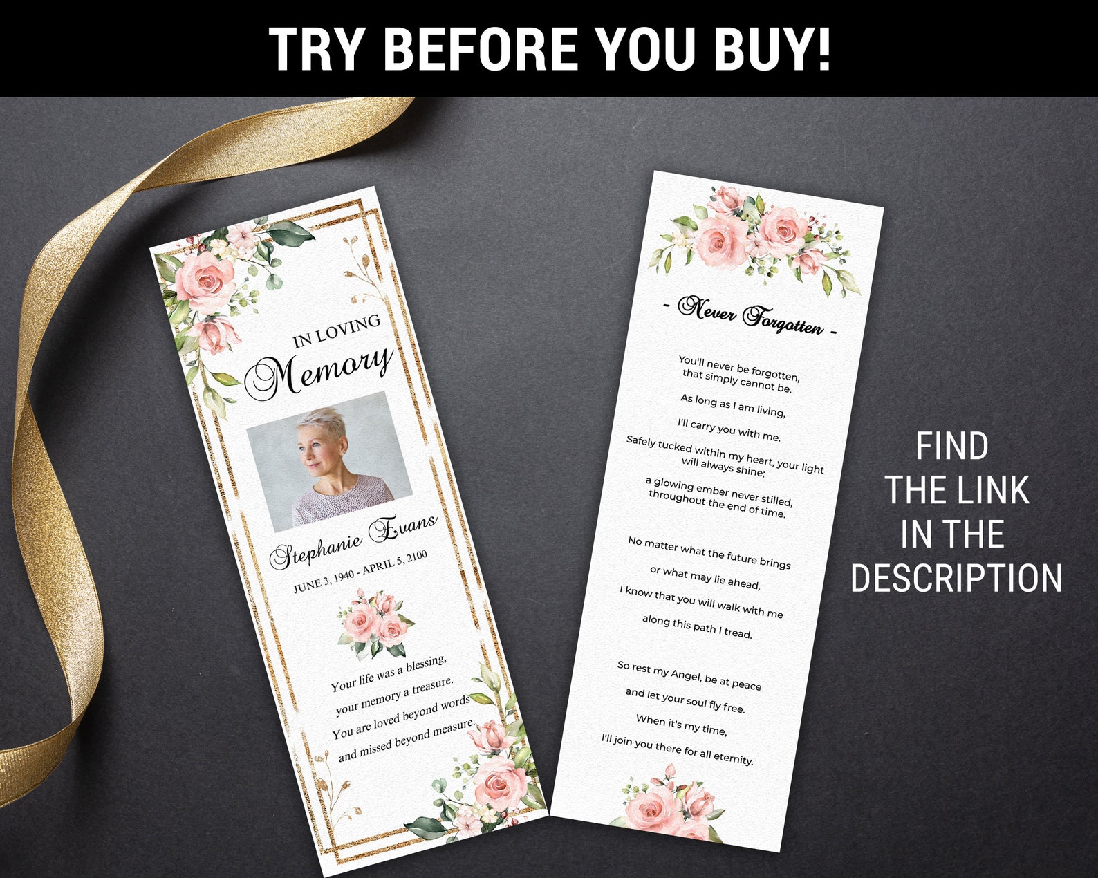 Funeral Bookmark, Memorial Personalized Laminated Bookmarks With Photo ...