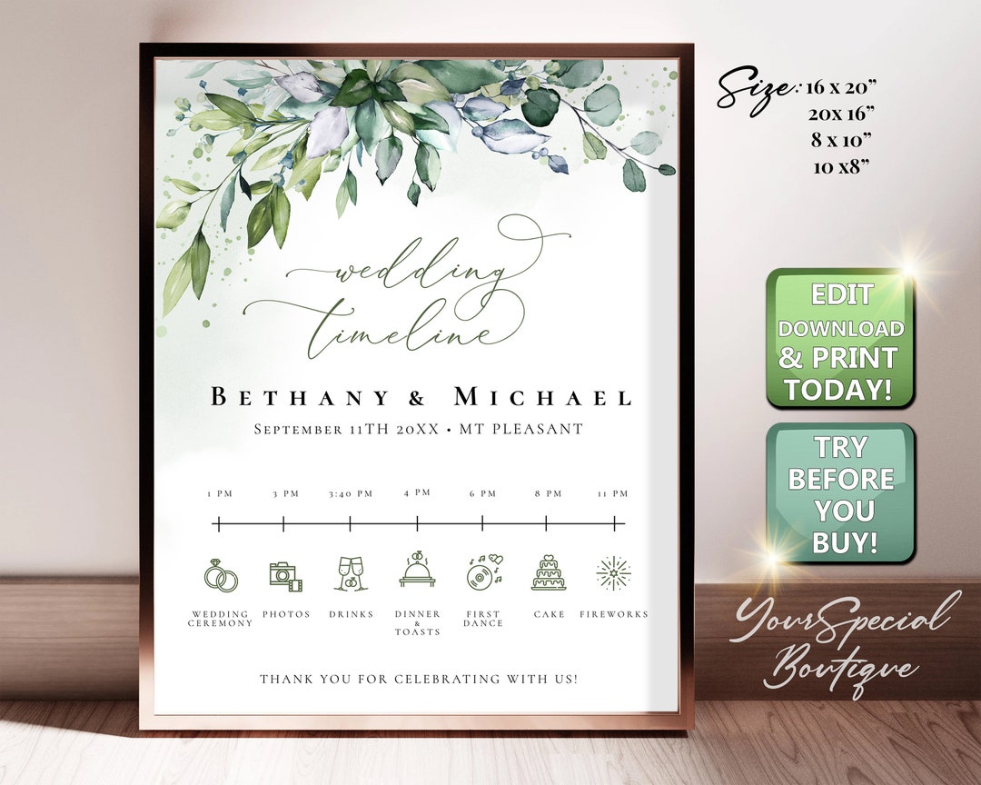 Customizable Wedding Timeline, Editable Party Sign Template, Printable ...