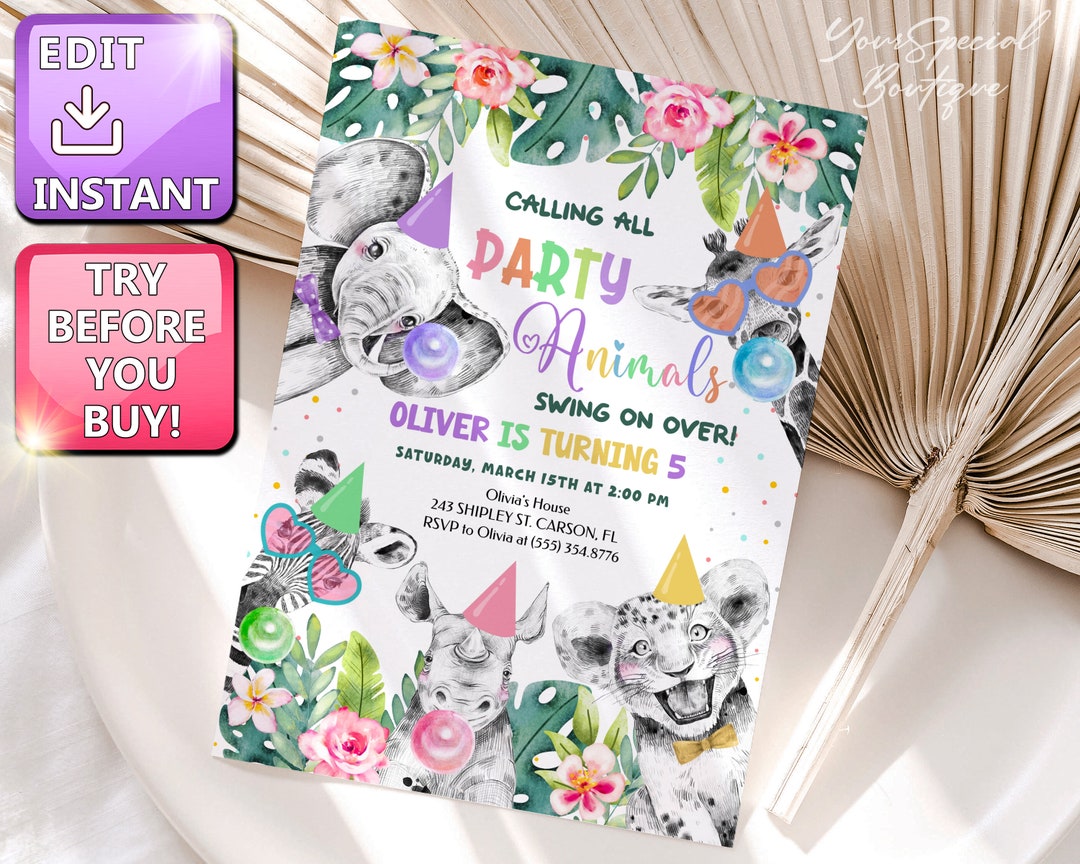 Party Animals Birthday Invitation, Wild One Animals Invitation, Zoo ...