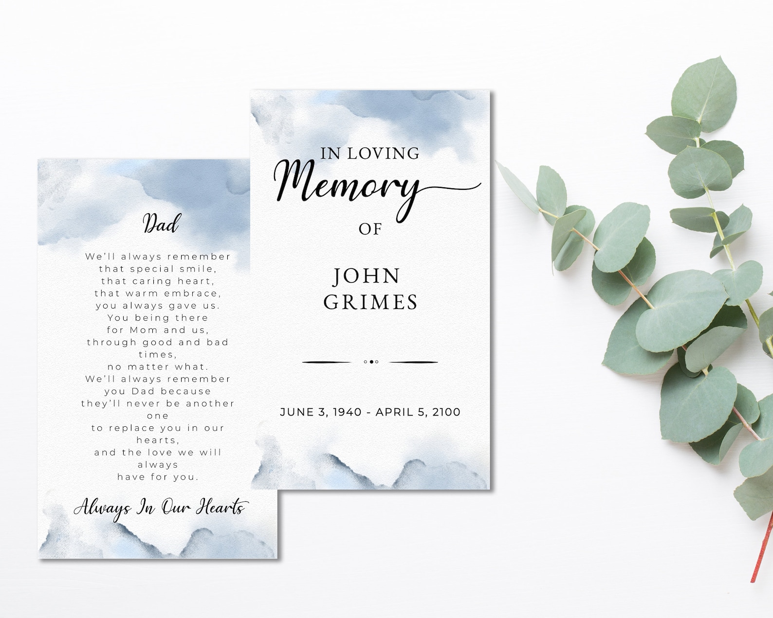 Memorial Prayer Card Template Men, Prayer Card for Celebration of Life ...