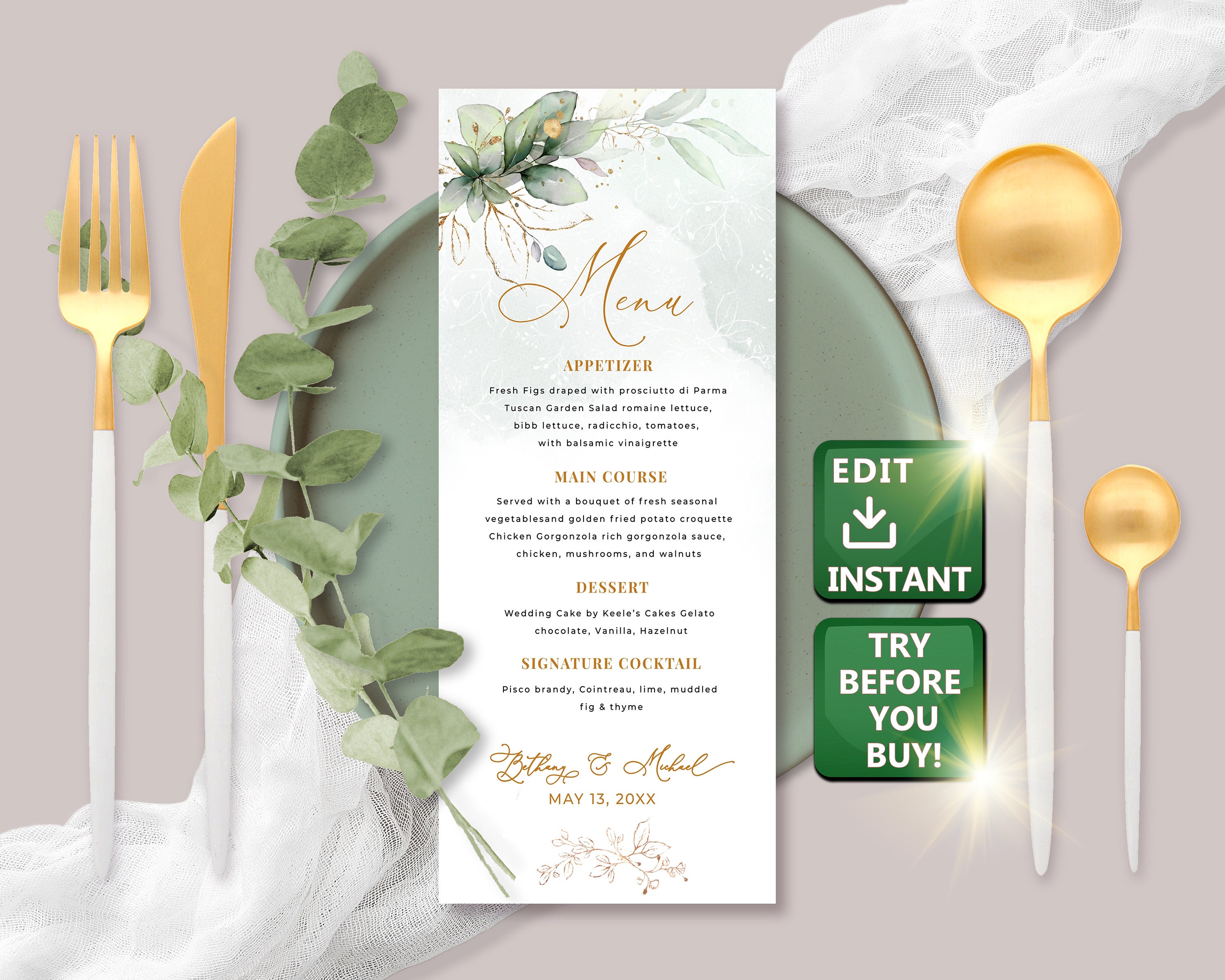 Green Wedding Menu Modern Menu Cards Minimalist Menu - Etsy