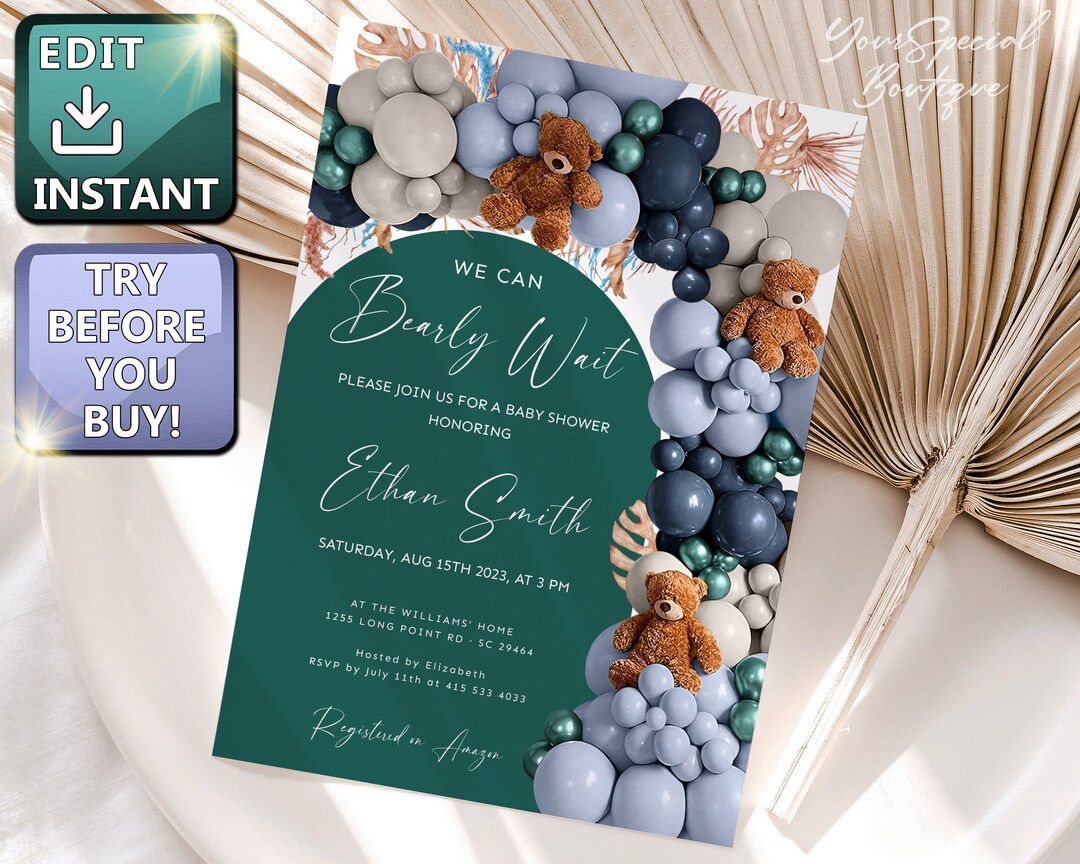 Bearly Wait Arch Invitation Baby Shower Bear Balloons Invite Baby Boy ...