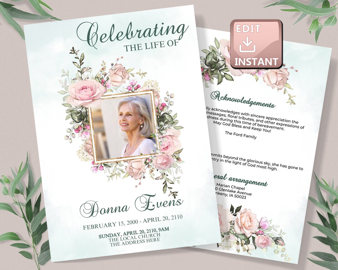 Funeral Program Template, Funeral Program Template Editable, Download ...